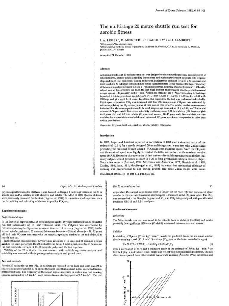 Pacer Test by Leger e All | PDF | Physical Exercise | Quality Of Life