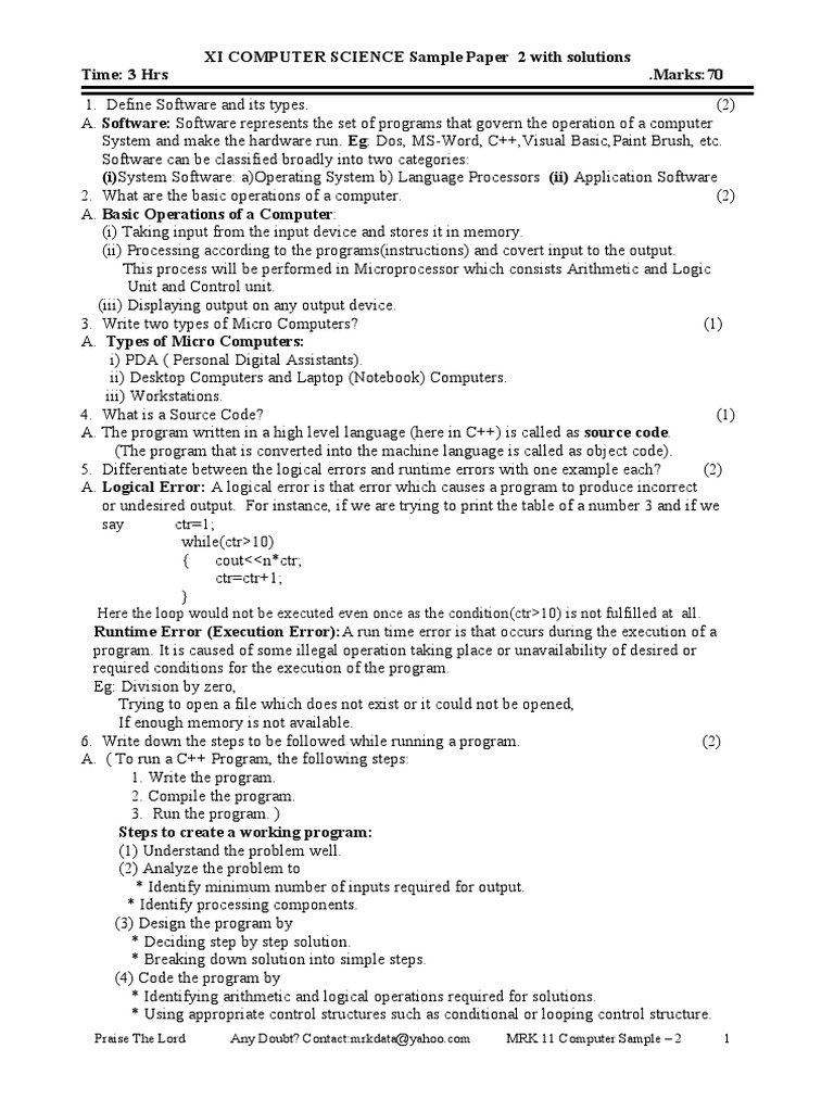 XI COMPUTER SCIENCE Sample Paper 2 With Solutions Time: 3 Hrs .Marks:70 ...