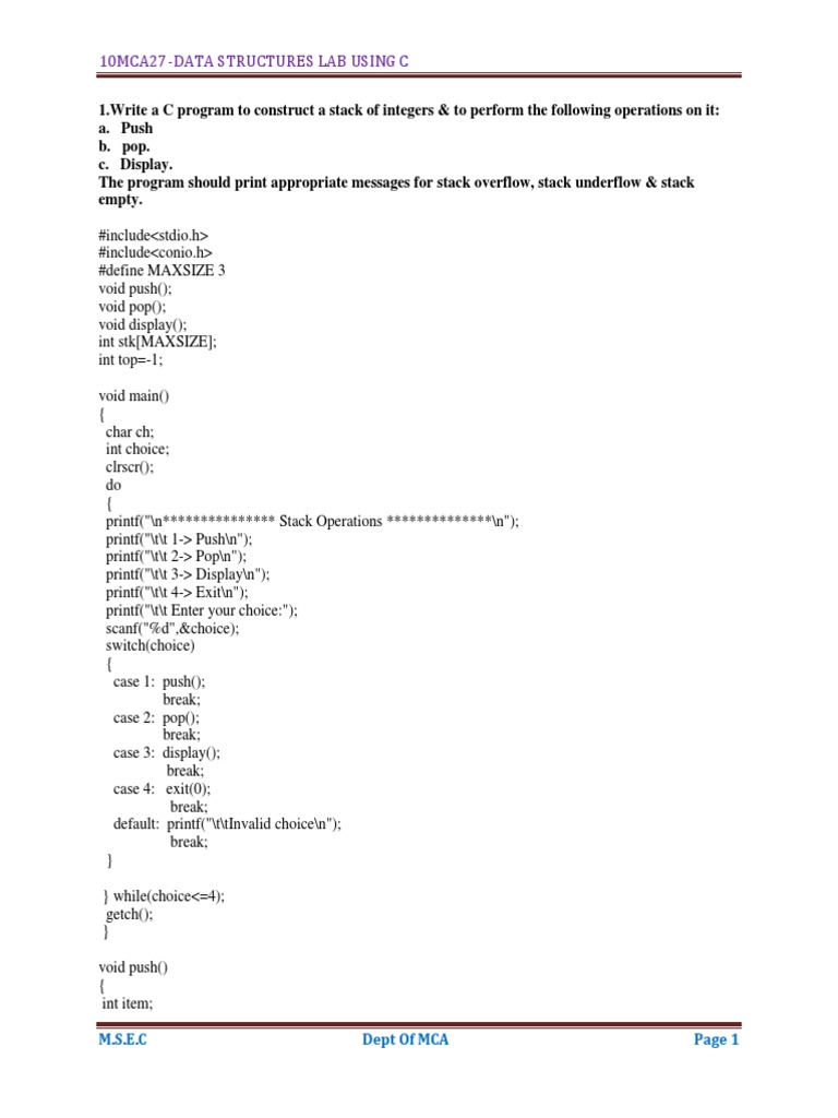 C Program to Implement Stack Operations Using Array | PDF | Queue (Abstract Data Type) | C ...