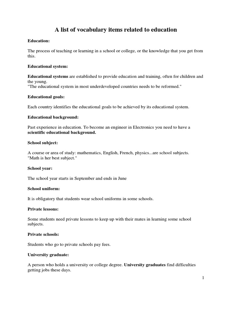 A List of Vocabulary Items Related To Education | PDF | Secondary ...