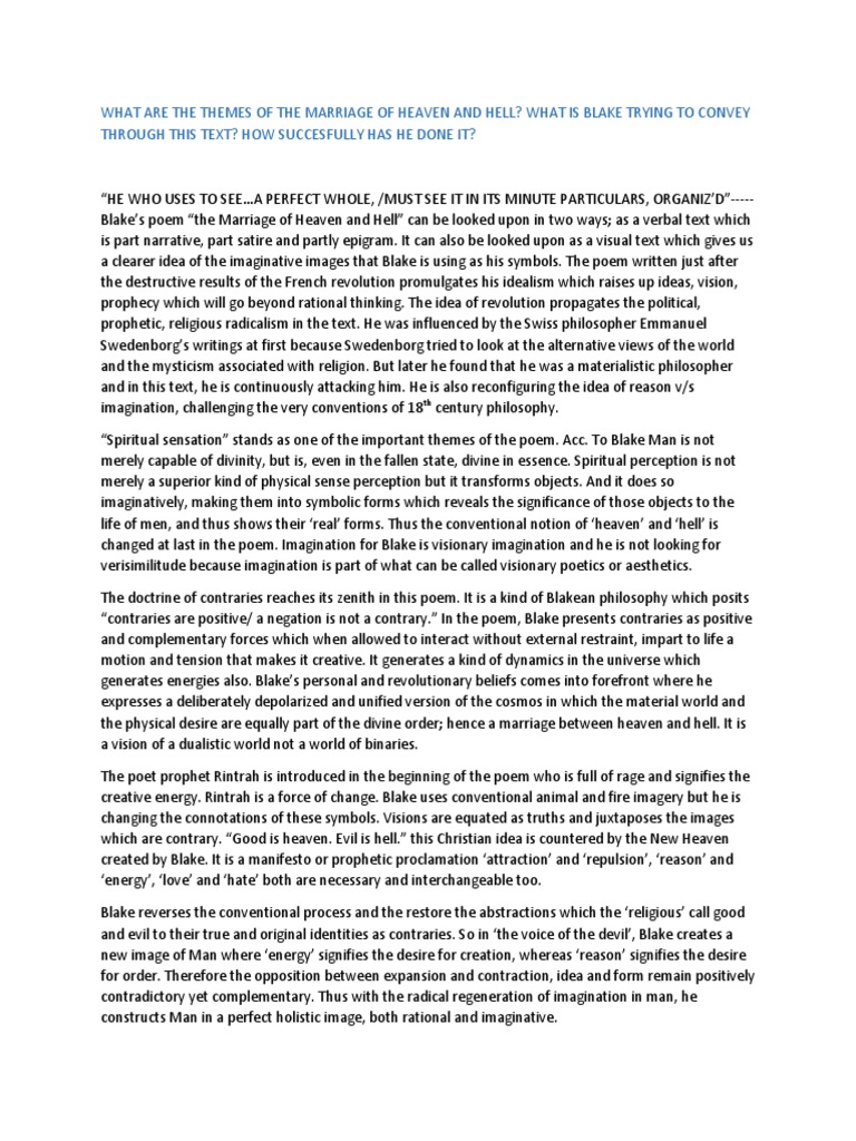 Marriage of Heaven and Hell | PDF | William Blake | Heaven And Hell ...