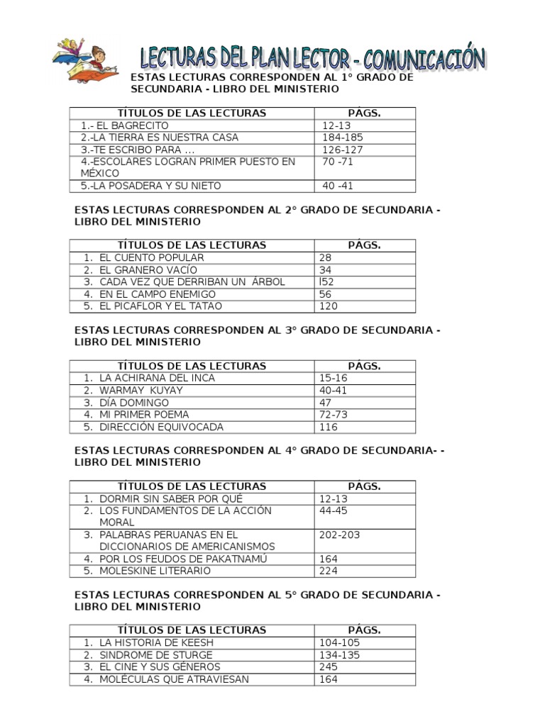Lecturas para El Plan Lector 1-2-3-4-5 Sec. | PDF