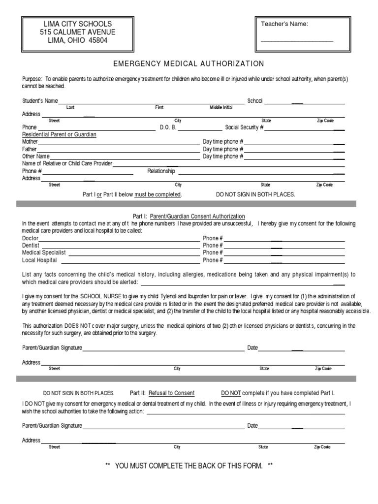 Emergency Medical Authorization Form | PDF | Parent | Relationships