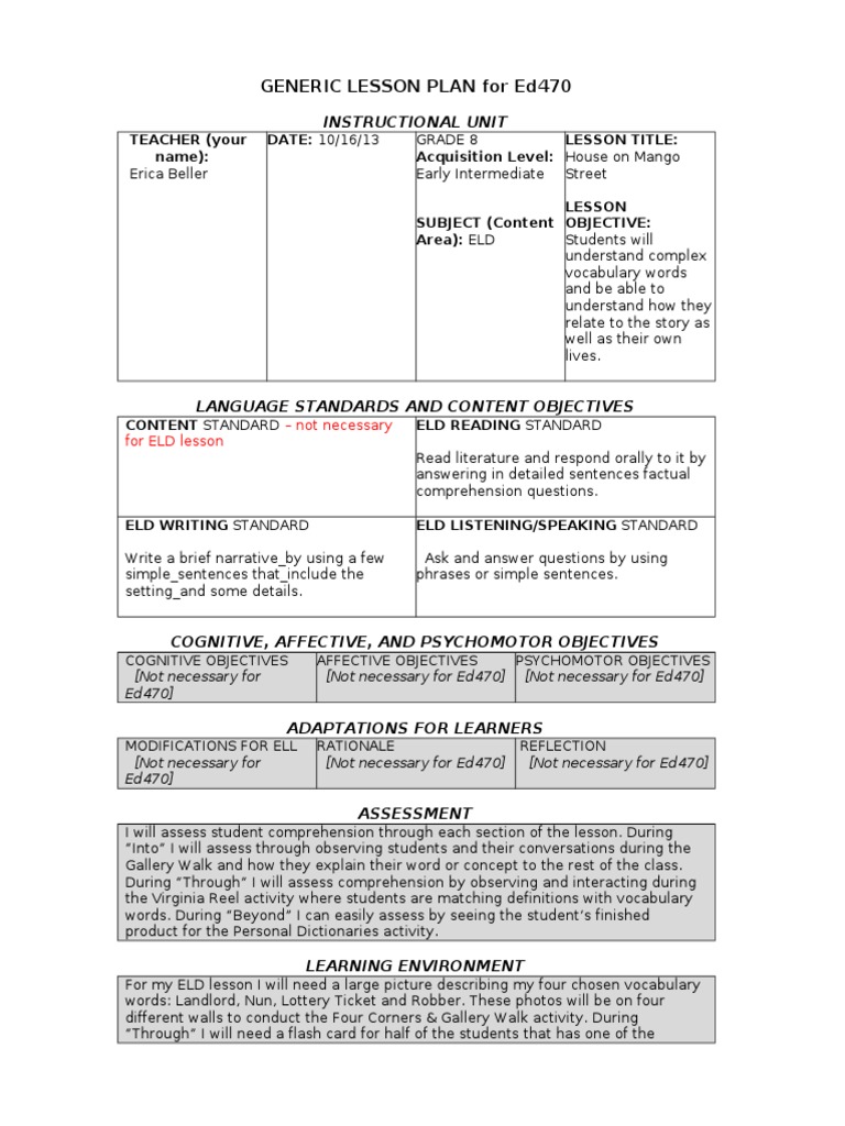 Eld Lesson Template W Standards | PDF | Reading Comprehension | Vocabulary