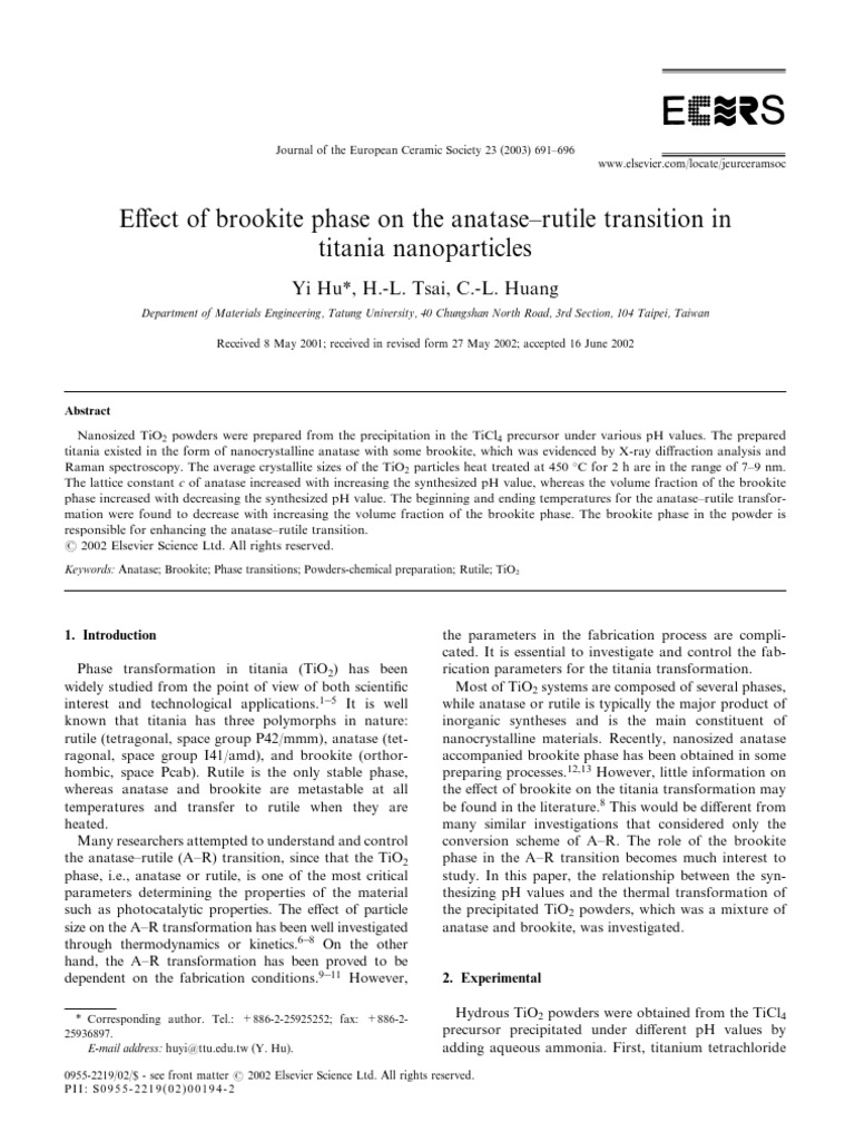 Effect of Brookite Phase On The Anatase-Rutile Transition in Titania Nanoparticles | PDF ...