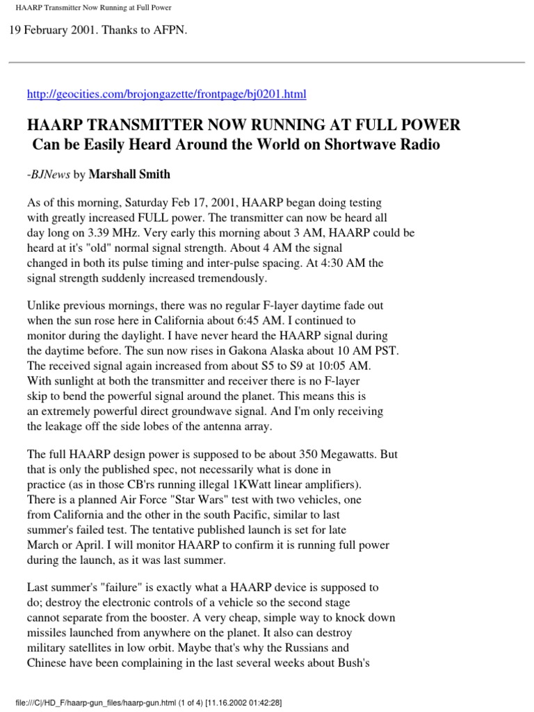 HAARP - Transmitter Now Running at Full Power | PDF | Ionosphere ...