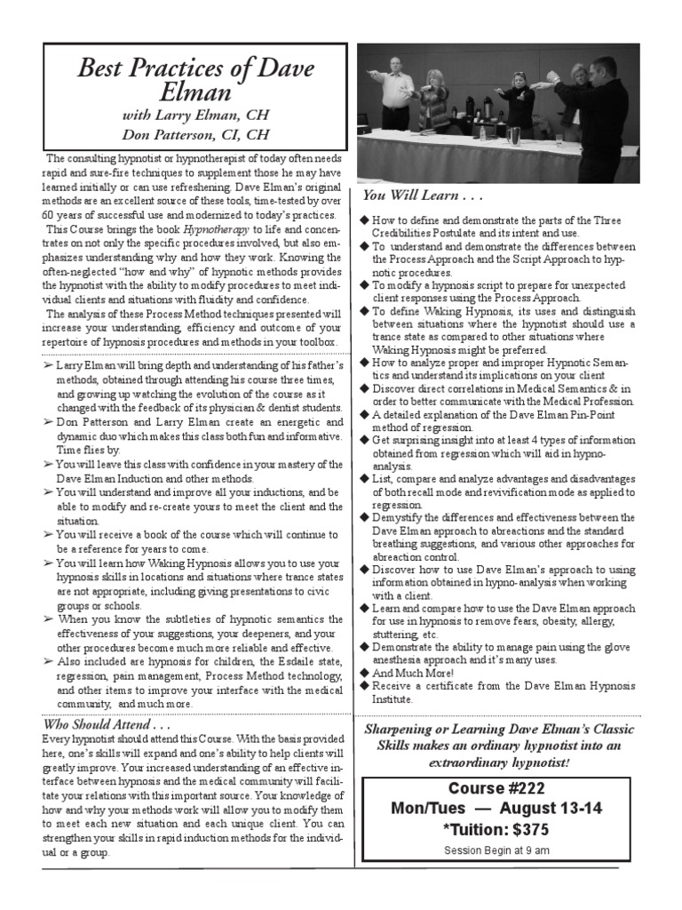 Best Practices of Dave Elman | PDF | Hypnotherapy | Hypnosis