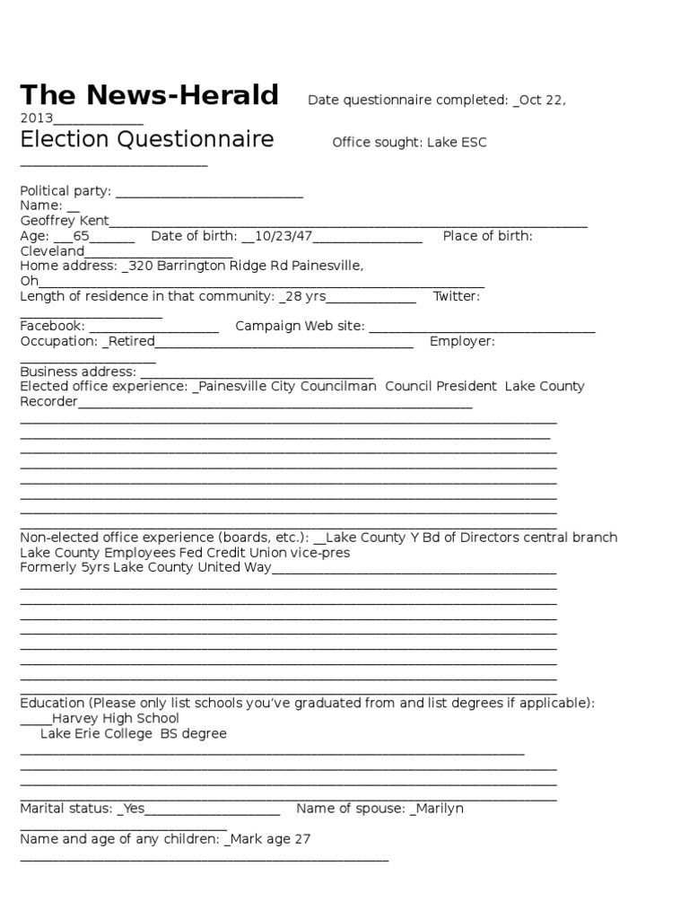 Geoffrey Kent Election Questionnaire | PDF