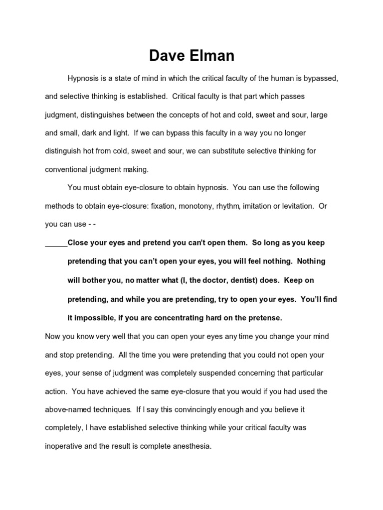 Dave Elman Hypnosis Techniques | PDF | Hypnosis | Thought