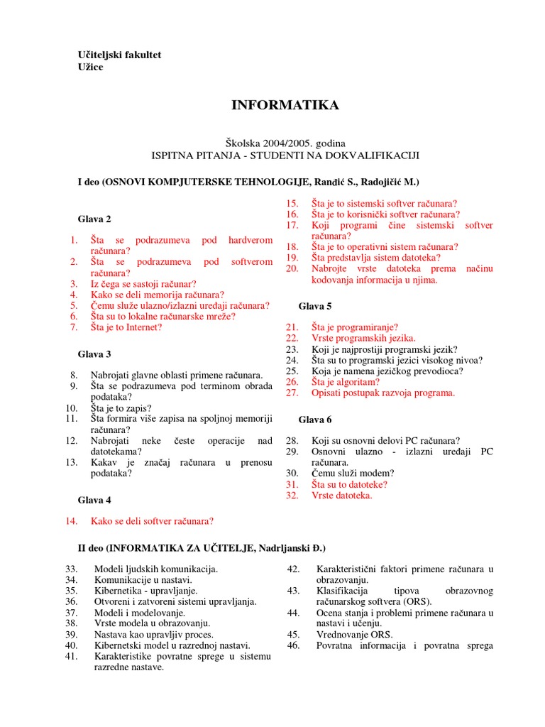 Spisak Pitanja Iz INFORMATIKE | PDF