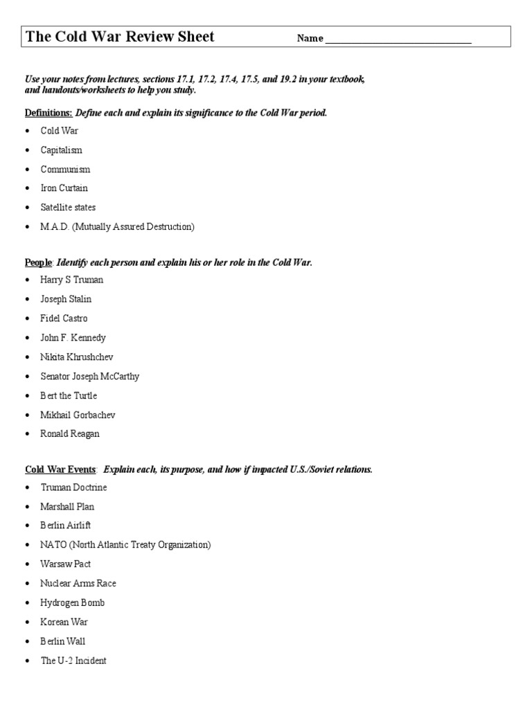 Cold War Study Guide and Review Sheet | PDF