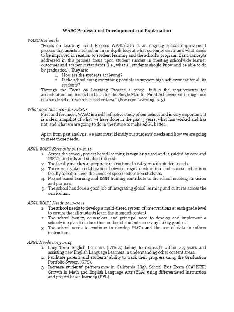 WASC Accreditation Insights for ASGL | PDF | Project Based Learning ...