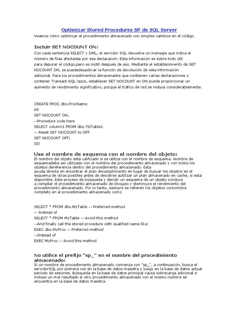 Tip 2 Optimizar Stored Procedures SP de SQL Server | PDF | Servidor SQL de Microsoft | Gestión ...