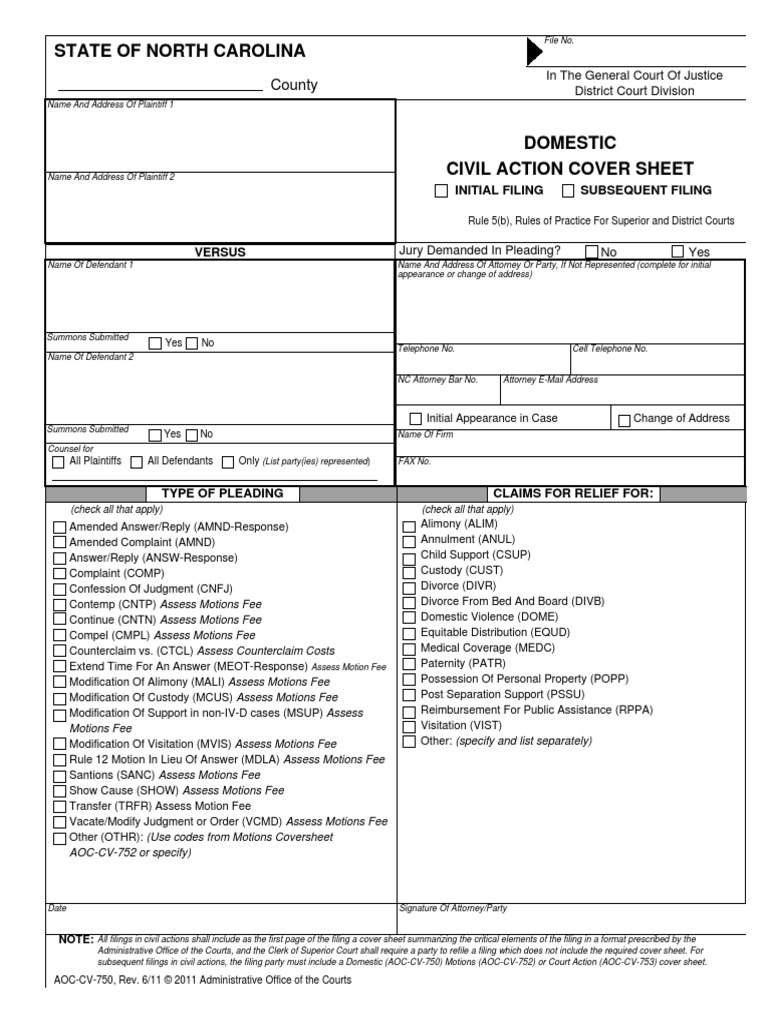 North Carolina Domestic Civil Action Cover Sheet | PDF | Lawsuit ...