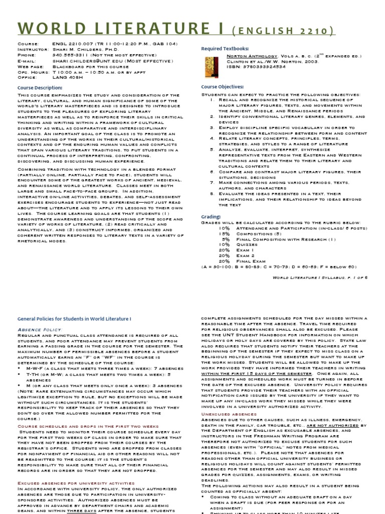 World Literature Syllabus | PDF | Plagiarism | Academic Dishonesty