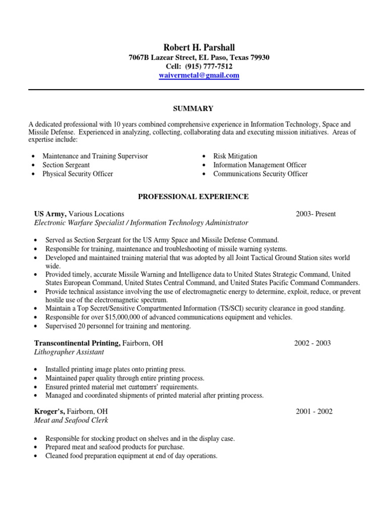 Robert Parshall Resume | PDF | Security Clearance | Military