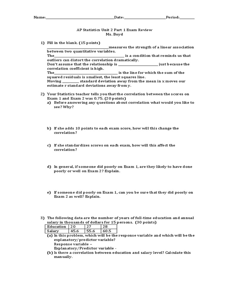 Ap Statistics Unit 2 Part 1 Exam Review | PDF | Correlation And ...