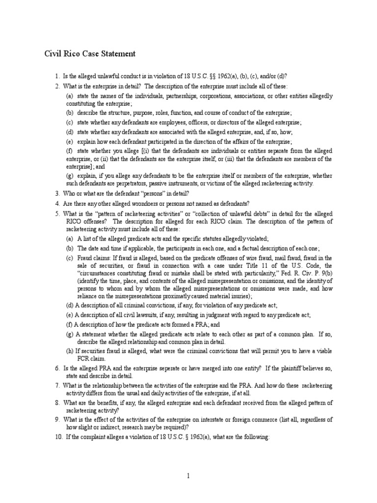 Civil Rico Case Statement (Draft) | PDF | Racketeer Influenced And ...