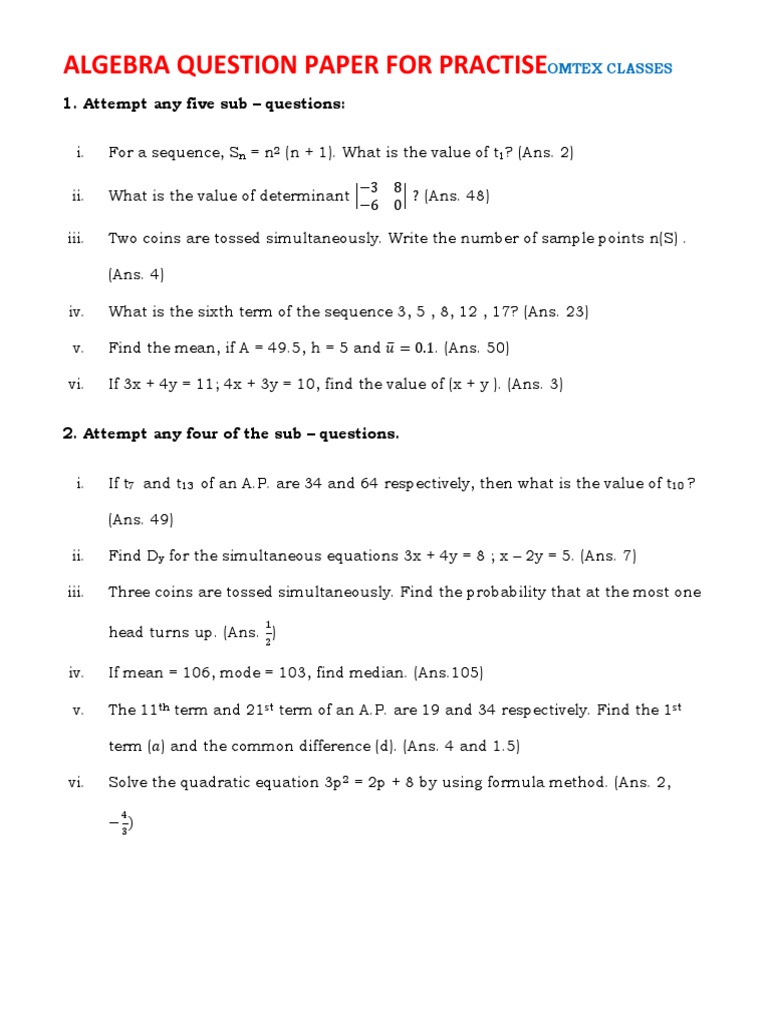 Algebra Question Paper For Practise: 1. Attempt Any Five Sub ...