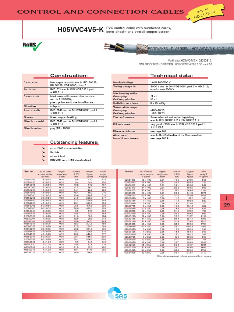 H05VVC4V5-K: Control and Connection Cables | PDF | Manufactured Goods ...