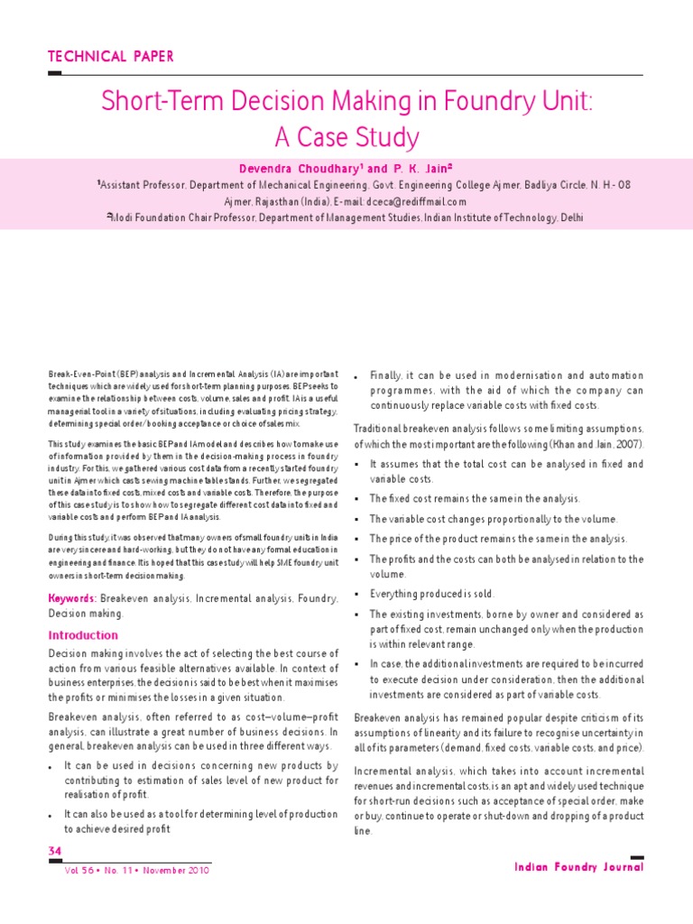 Short-Term Decision Making in Foundry Unit - A Case Study PDF | PDF ...
