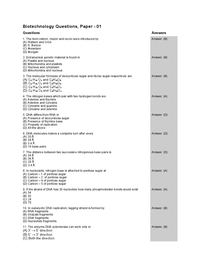 Biotechnology Exam Questions and Answers | PDF | Dna | Rna