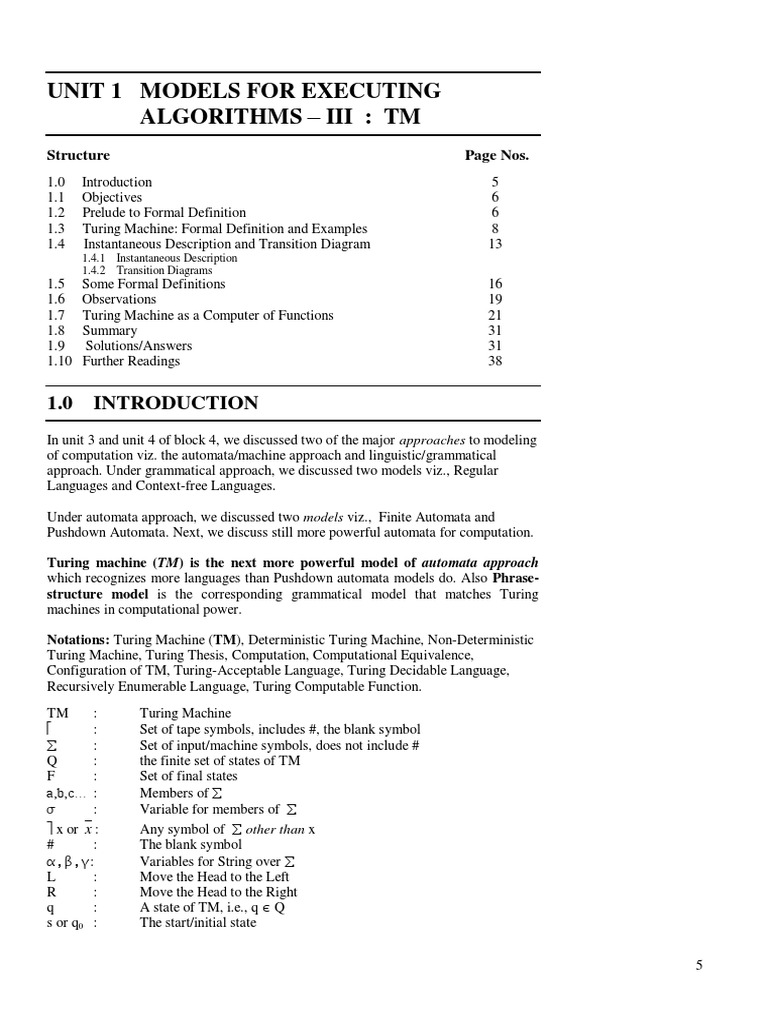 Unit 1 Models For Executing Algorithms - Iii: TM: Structure Page Nos ...