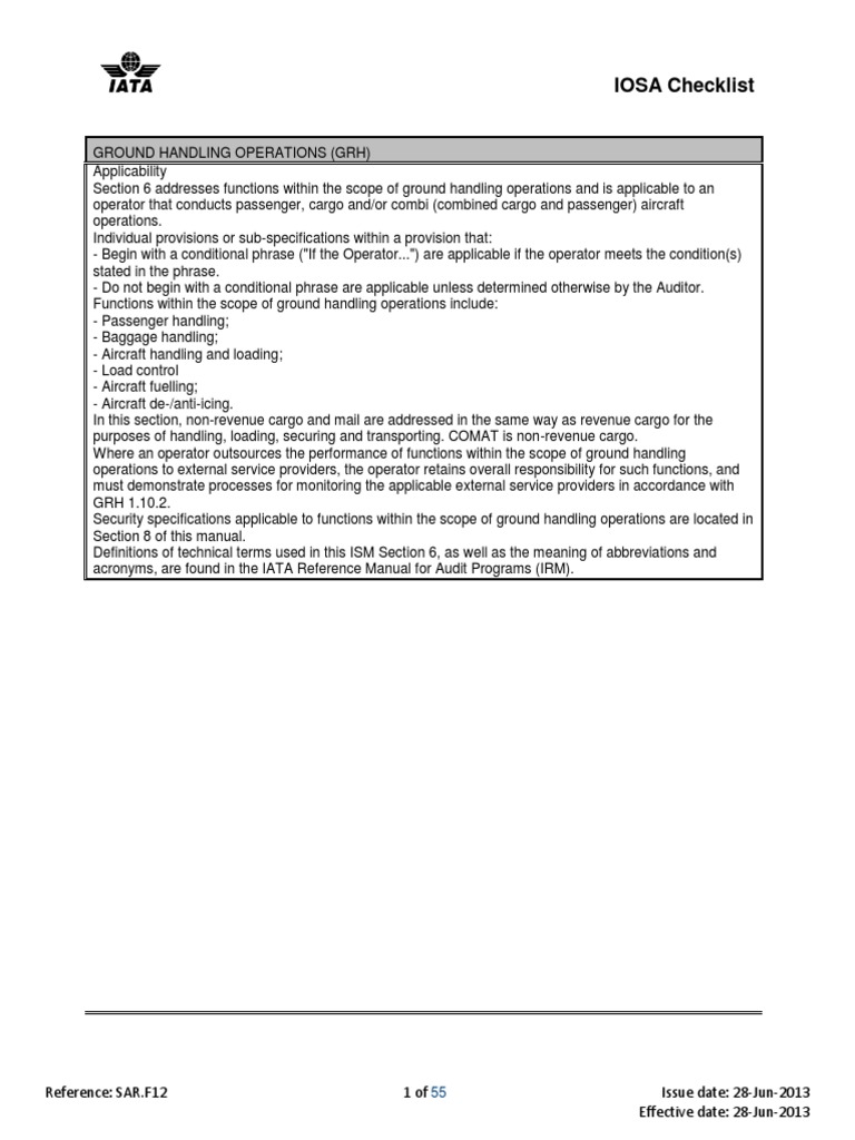 IOSA Ground Handling Operations Checklist | PDF | Dangerous Goods | Safety