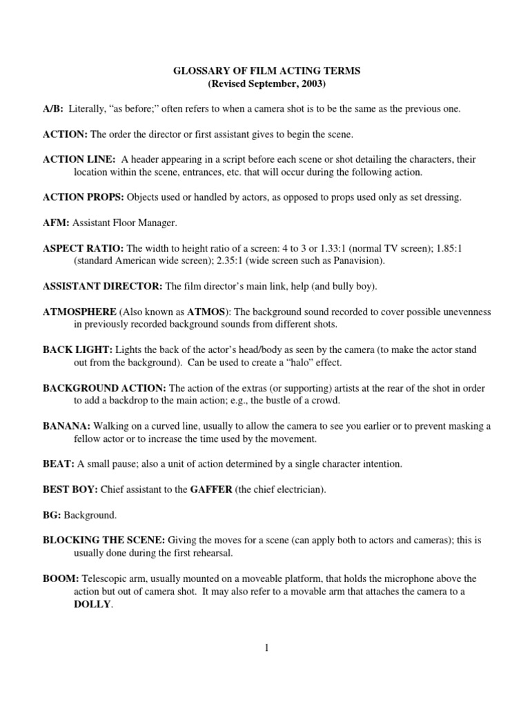 Glossary of Film Acting Terms | PDF | Screenplay | Camera