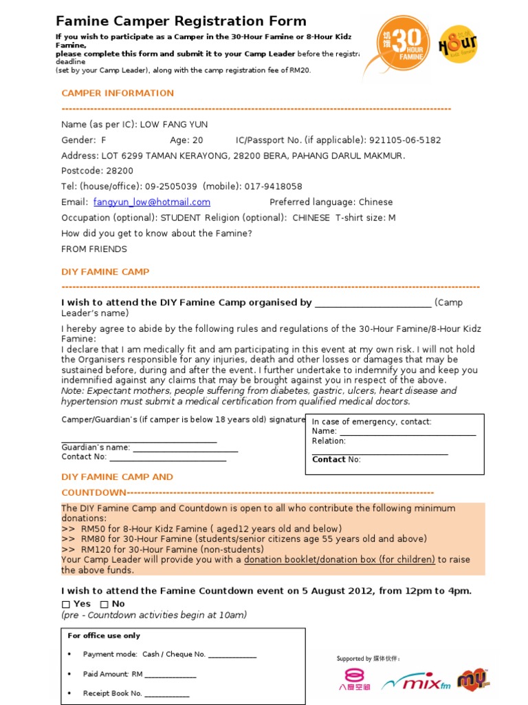 3.camper Registration Form | PDF | Famine | Social Issues (General)