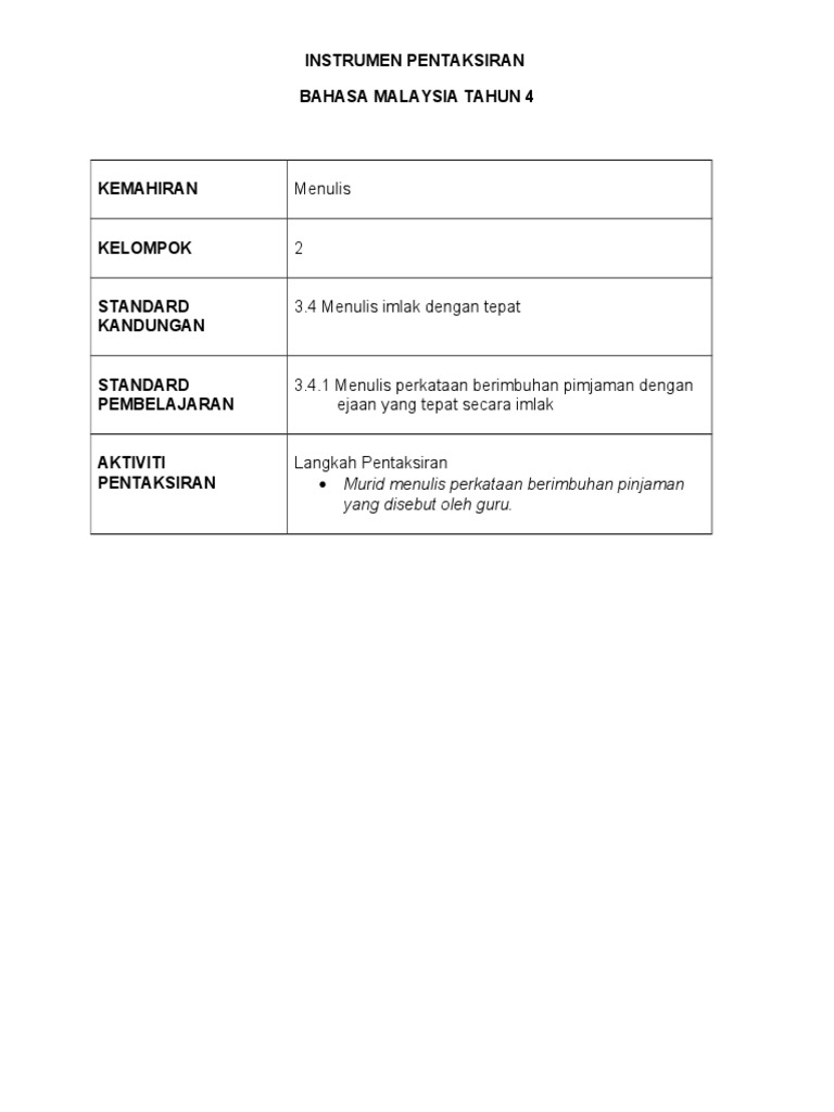 Instrumen Pentaksiran Kemahiran Menulis Kelompok 2 | PDF