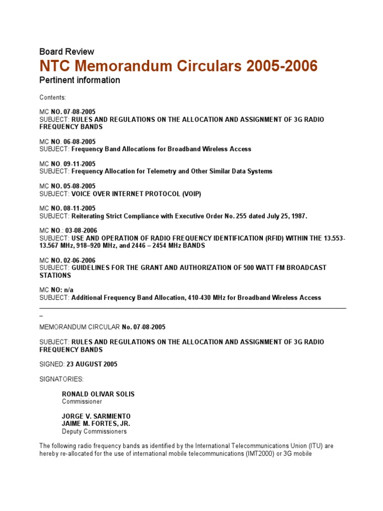 NTC Memorandum Circulars 2004-2006 Tidbits | PDF | Radio Frequency Identification | Radio Spectrum