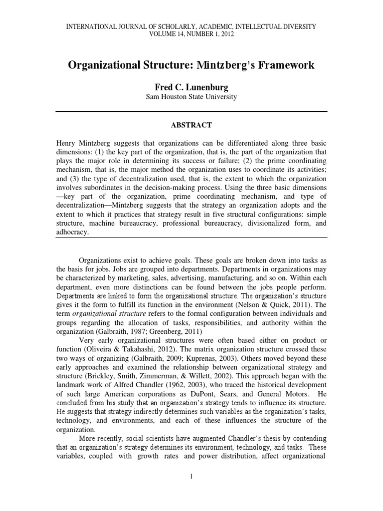 Lunenburg, Fred C. Organizational Structure Mintzberg Framework IJSAID ...