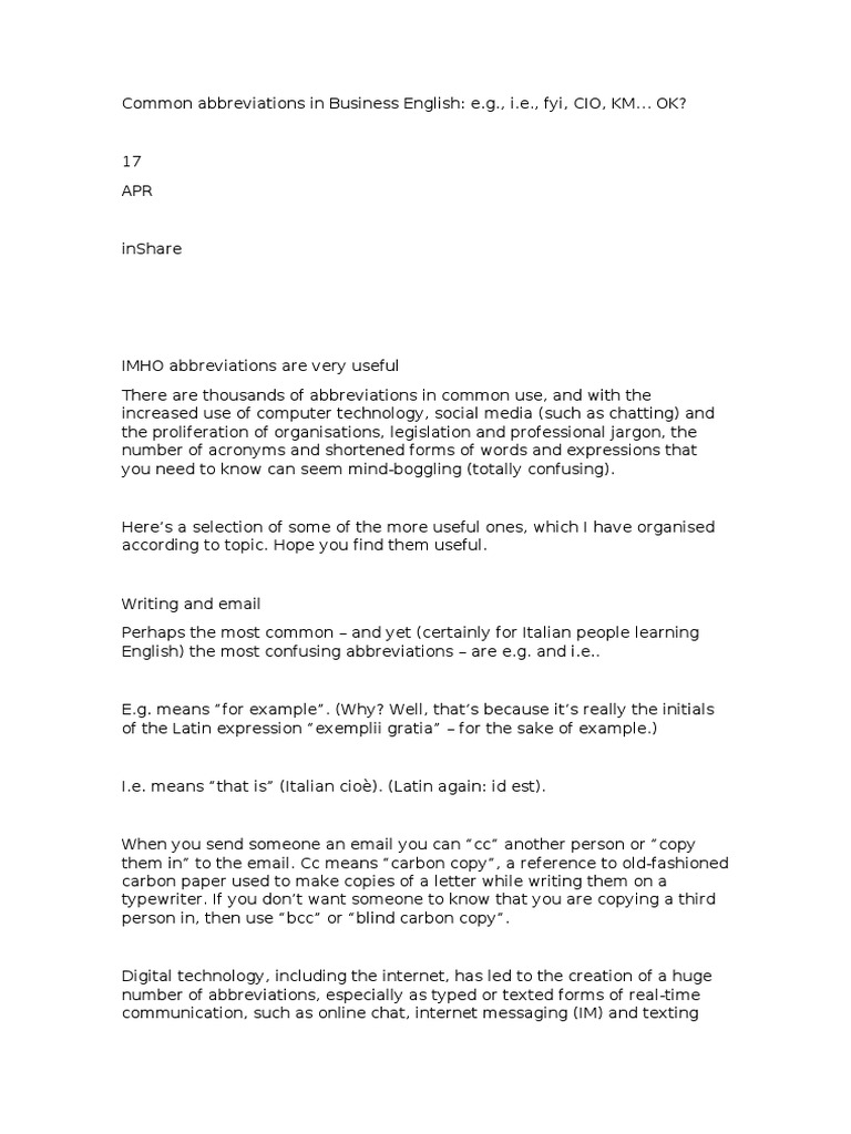 Common Abbreviations in Business English | PDF | Text Messaging | Acronym