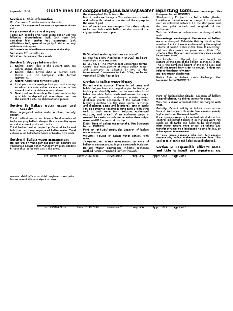 Guidelines For Completing The Ballast Water Reporting Form | PDF | Ships | Port