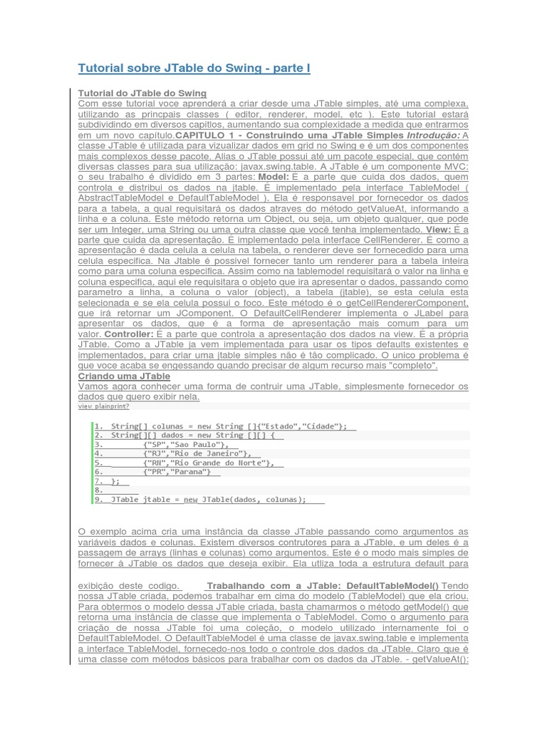 Tutorial de JTable no Swing: Parte I | PDF | Dados | Classe ...