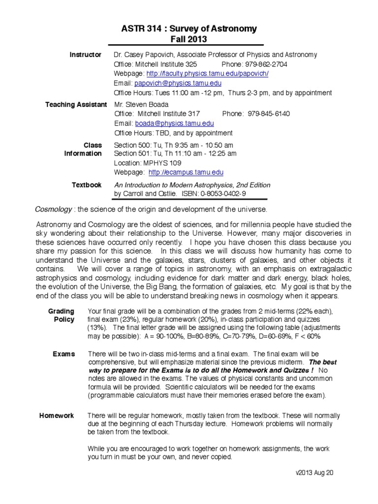 ASTR 314 Survey of Astronomy Syllabus | PDF | Astronomy | Stars