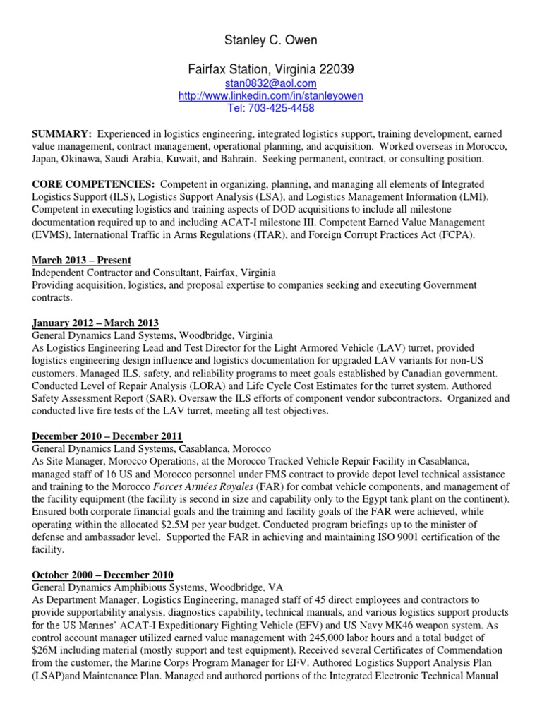 Logistics Supportability ILS Analyst in Washington DC Resume Stanley ...