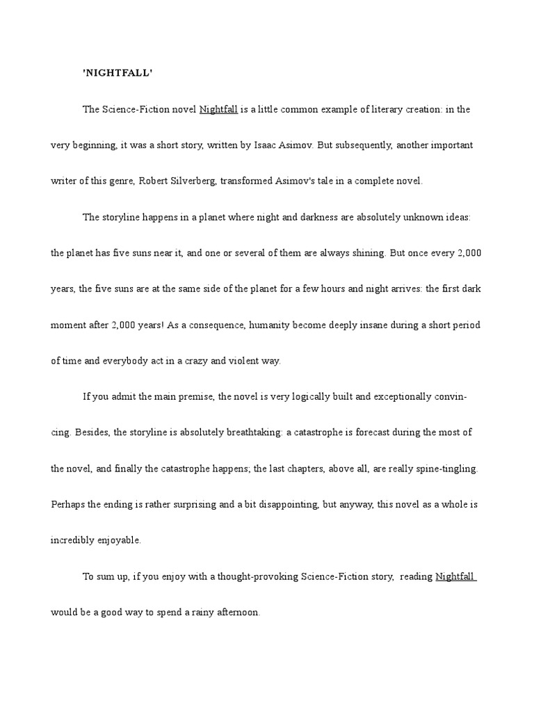Summary of 'Nightfall' (Isaac Asimov and Robert Silverberg) | PDF ...
