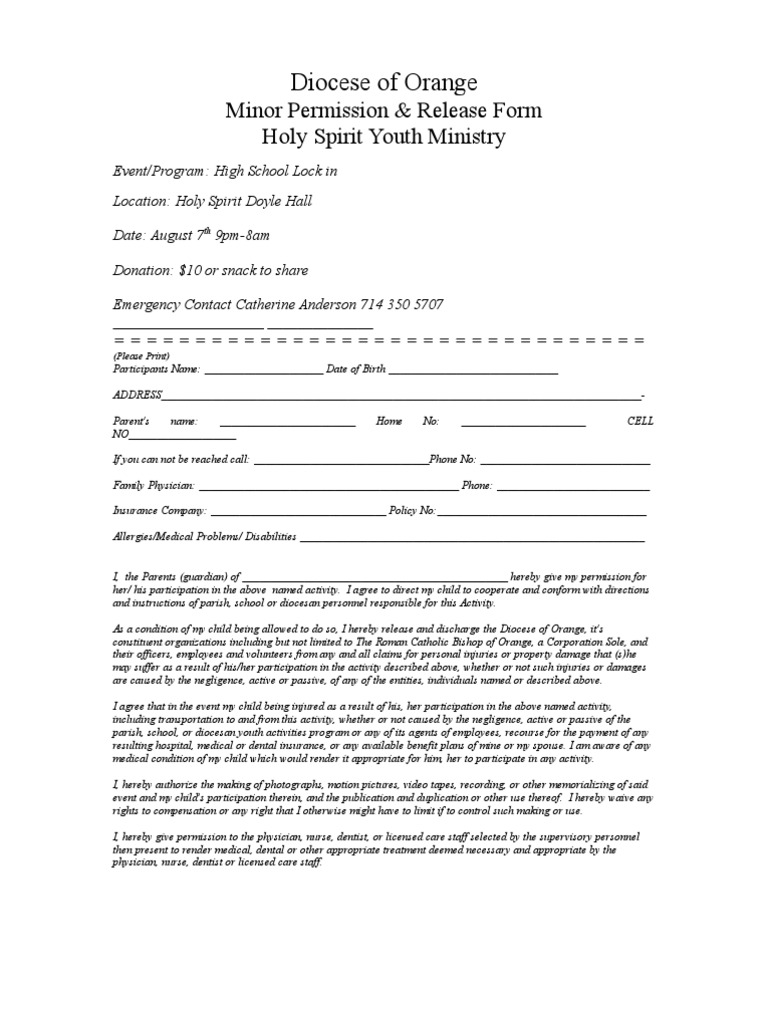 Lock in Permission Slip | Diocese | Catholic Church