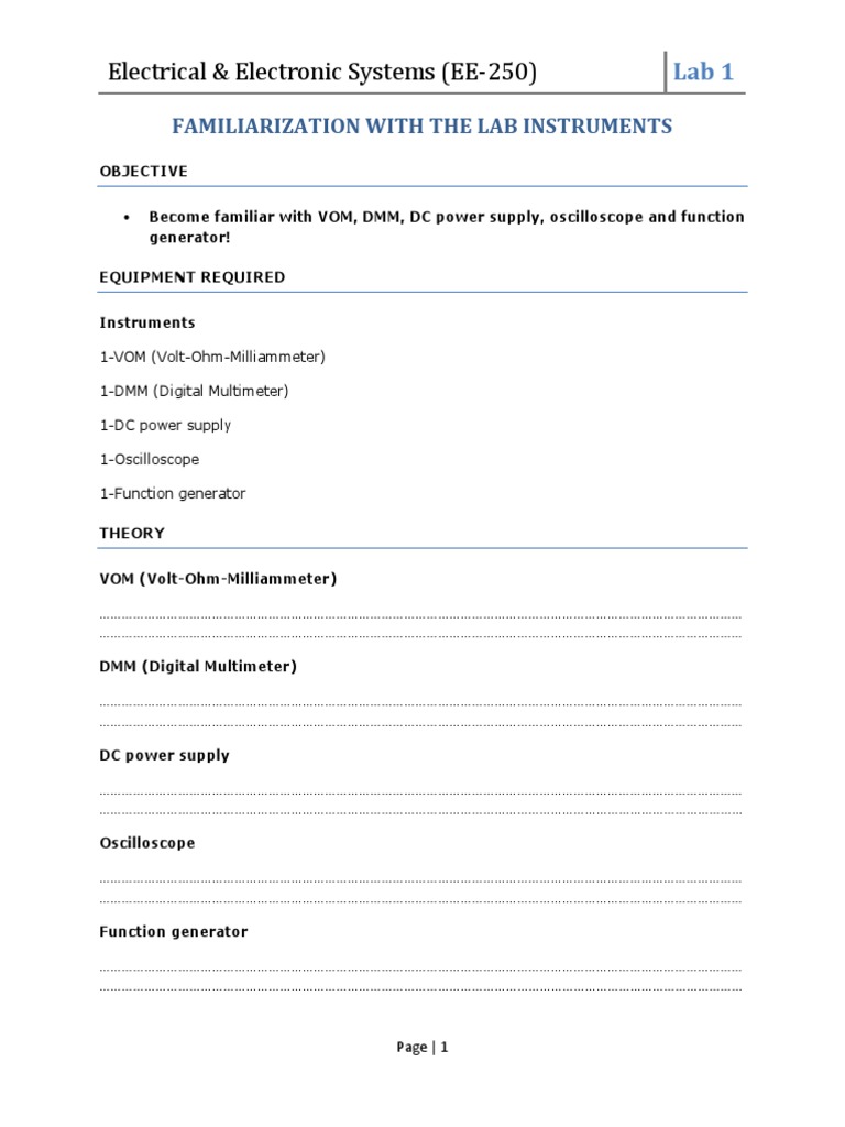 Electrical & Electronic Systems (EE-250) : Familiarization With The Lab ...