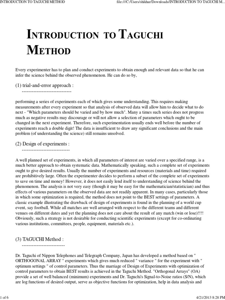 Introduction To Taguchi Method PDF | PDF | Signal To Noise Ratio | Experiment