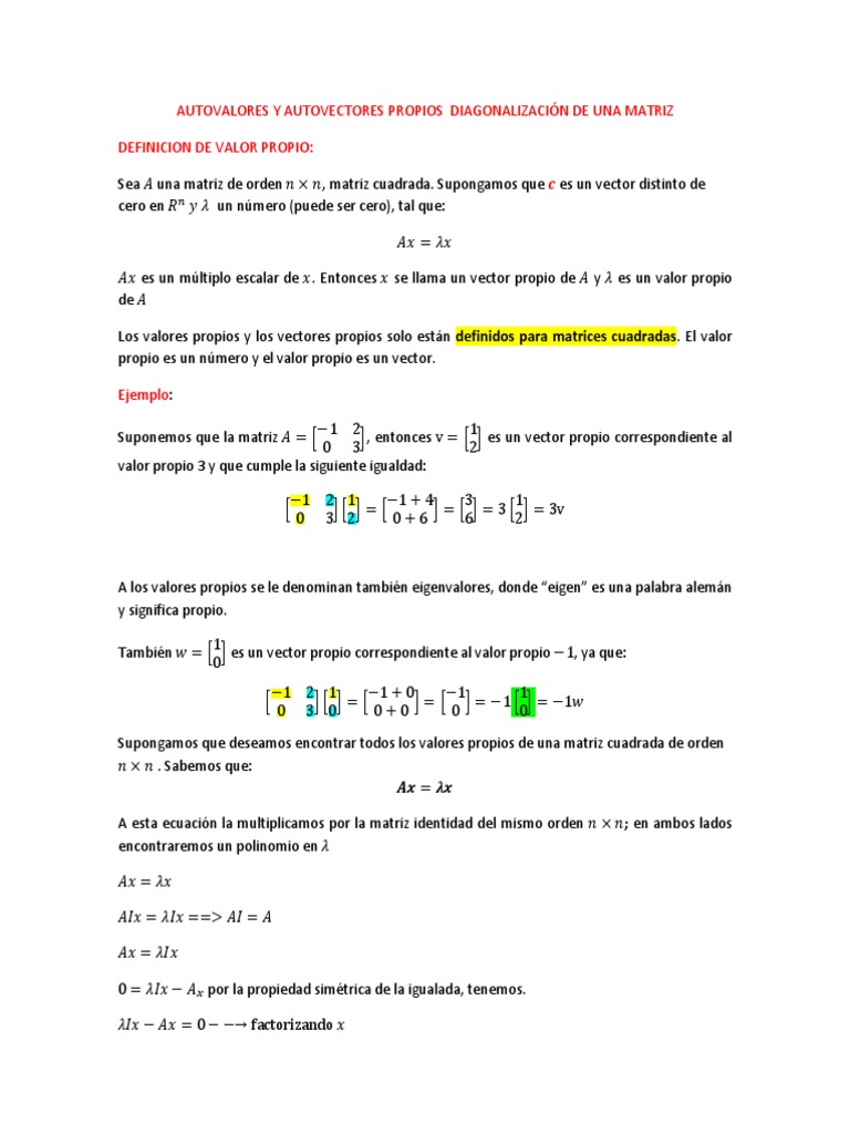 Autovalores y Autovectores Propios Diagonalización de Una Matriz | Descargar gratis PDF ...