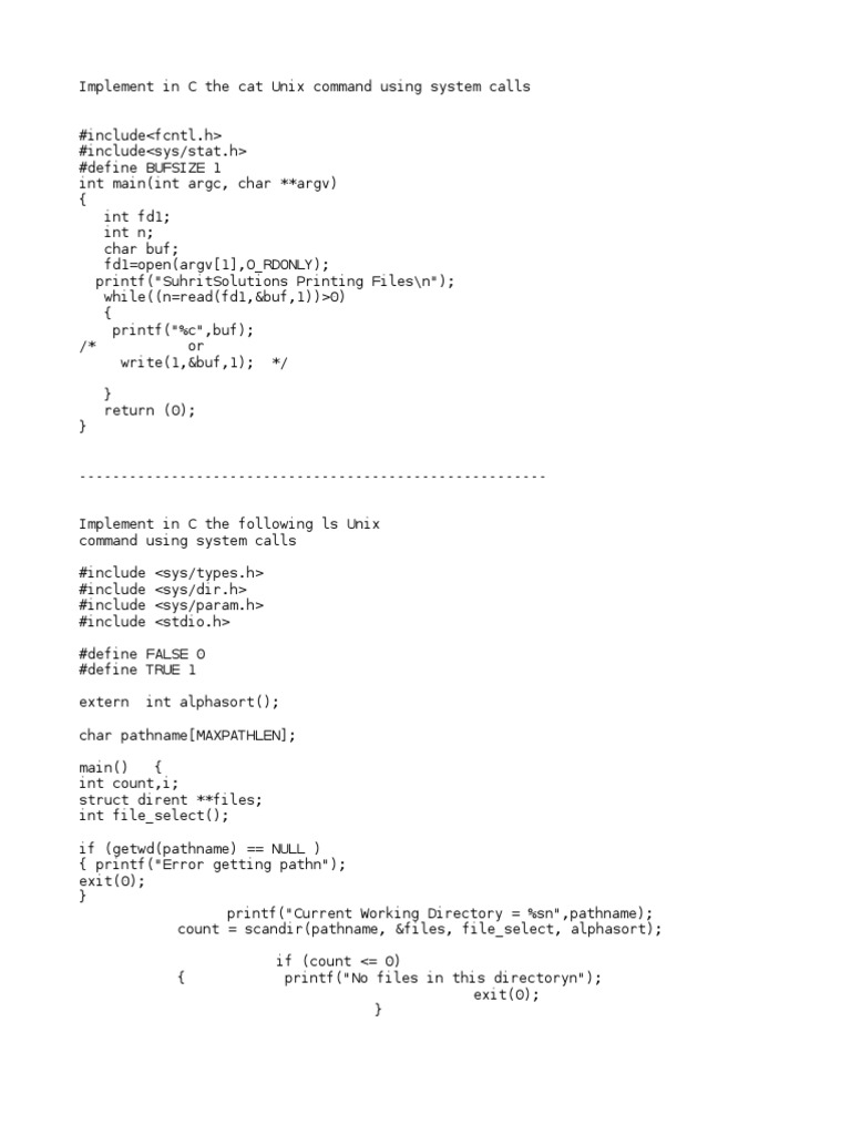 Implement In C The Cat Unix Command Using System Calls Pdf 