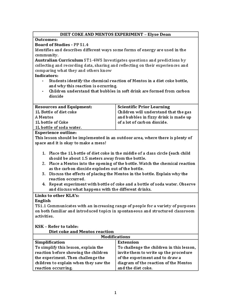 Diet Coke and Mentos Science Experiment | PDF | Wellness
