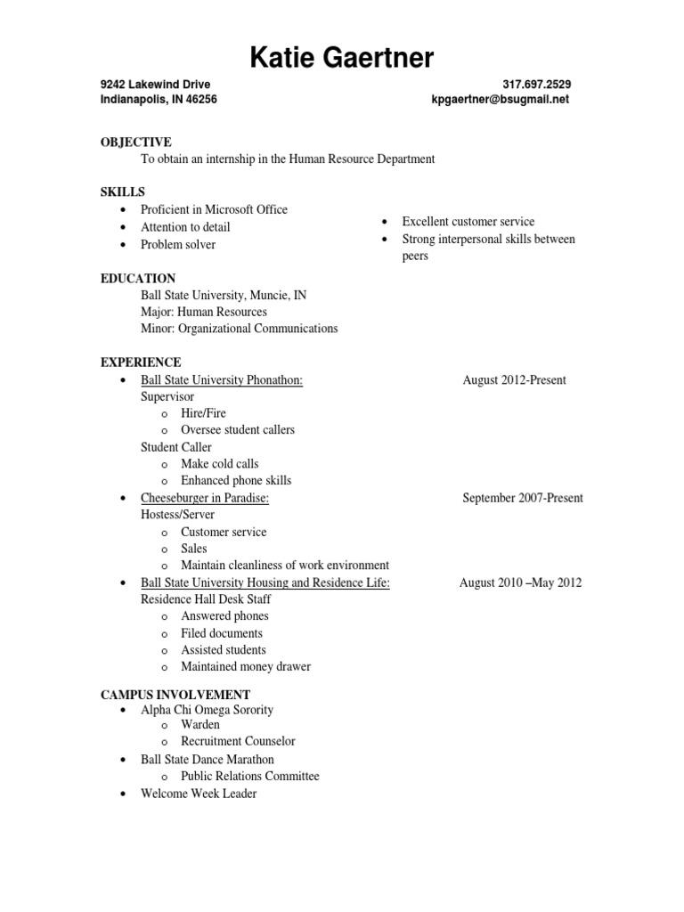 Human Resources Internship Resume | PDF
