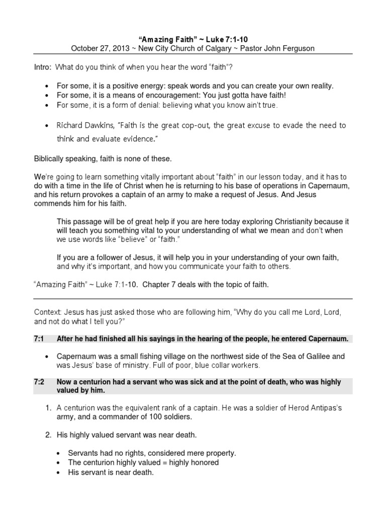 Sermon - Amazing Faith (Luke 7.1-10) | Download Free PDF | Faith | Jesus