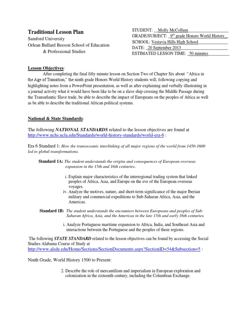 Traditional Lesson Plan Sept 20 | PDF | Lecture | History Of Slavery