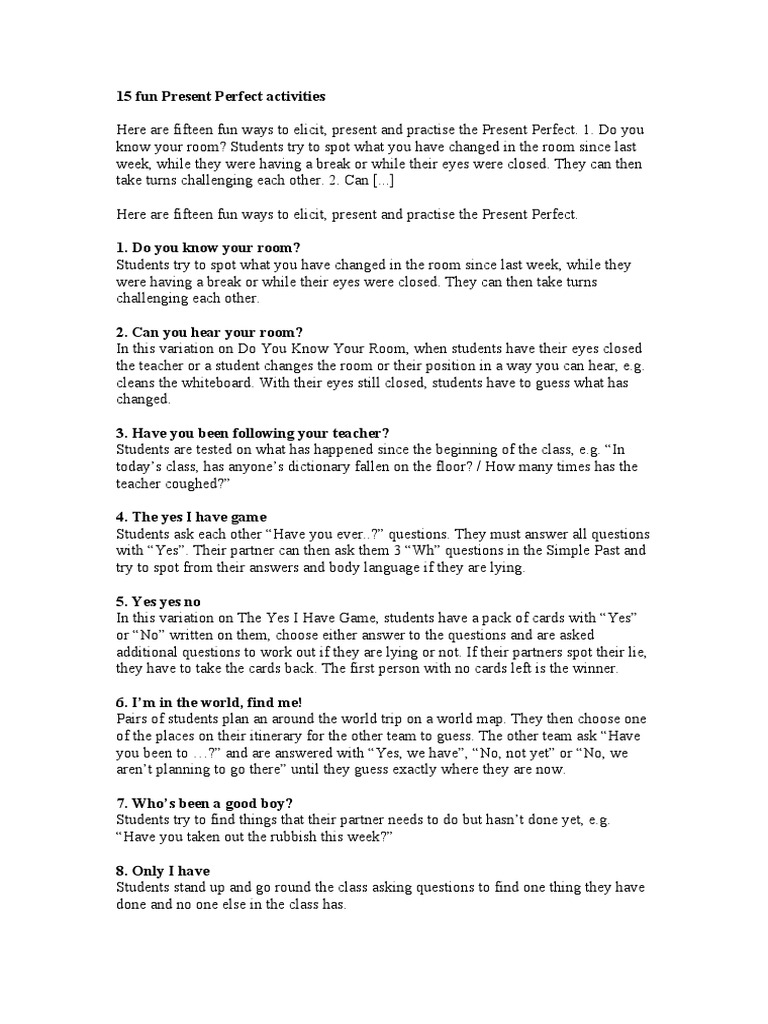 15 Fun Present Perfect Activities | PDF