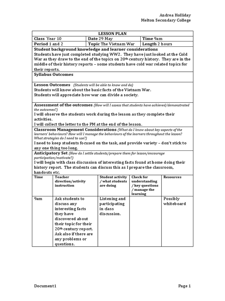LESSON PLAN Vietnam War | PDF | Lesson Plan | Cognitive Science